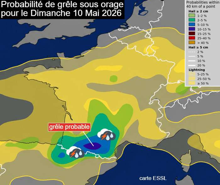 Probabilités de chutes de grêle sous les orages du dimanche 10 mai 2026 ...